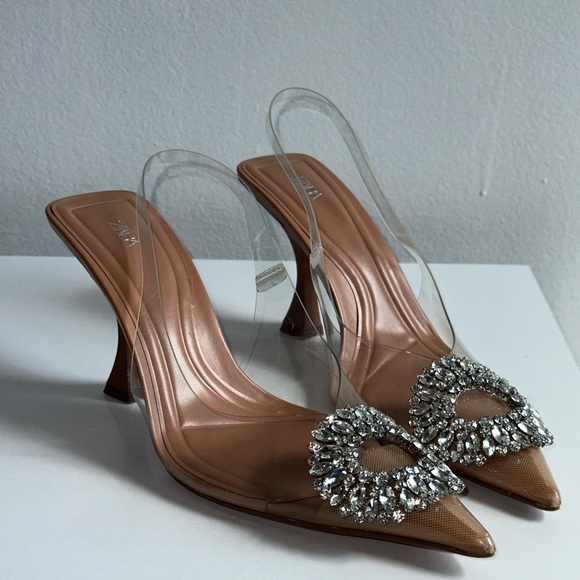 Zara | Shoes | Zara Tan Crystal Embellished Heels | Poshmark